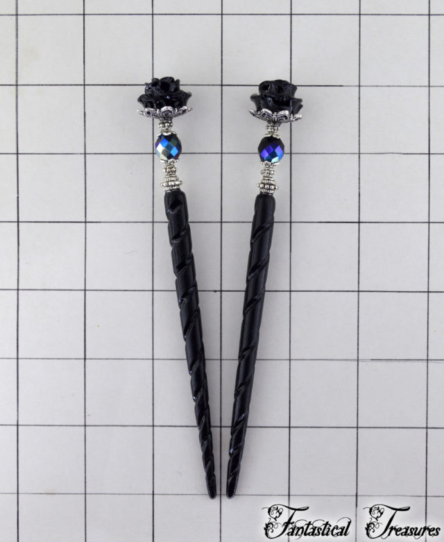 Rose Hair Sticks - Black Gothic Hair Accessory - Fantastical Treasures
