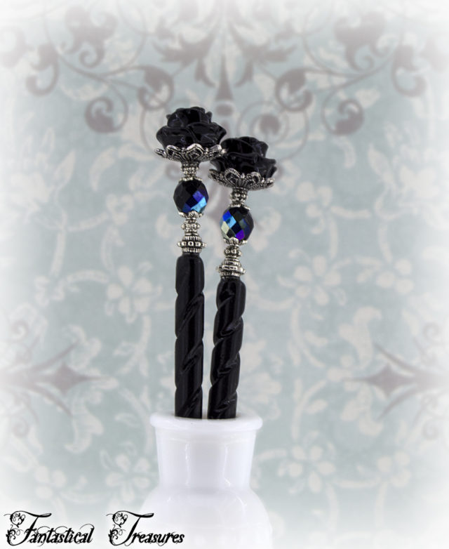 Rose Hair Sticks - Black Gothic Hair Accessory - Fantastical Treasures